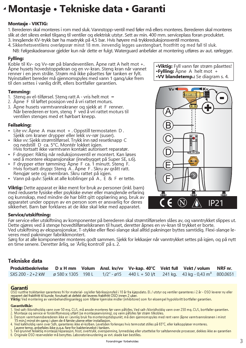 Installasjons- og brukermanual OSO SUPERSMART – Waterguard Kundestøtte